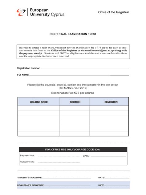 Fillable Online Euc Ac Resit Examination Form In English Fax Email