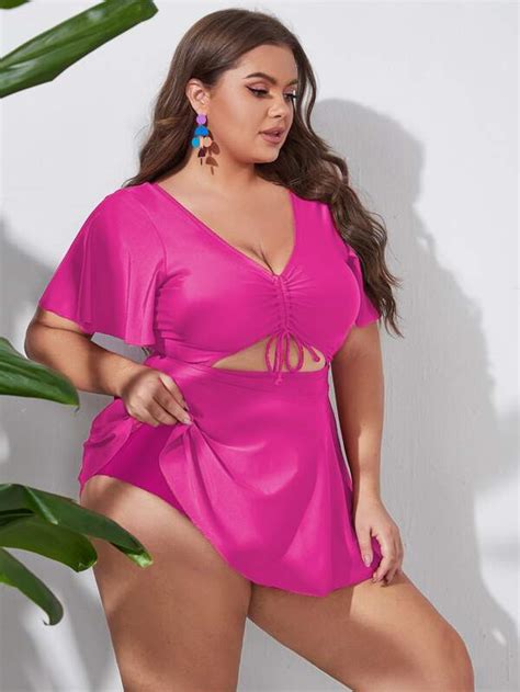 Plus Plain Tankini Set Drawstring Peekaboo Swim Dress And Bikini Panty 2 Piece Swimwear Shein Usa