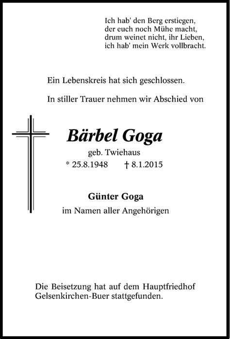 Traueranzeigen von Bärbel Goga Trauer in NRW de