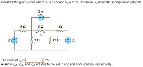 consider the given circuit where v1 12 v and v2 20 v determine v0 using the superposition