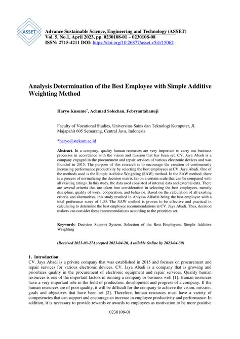 pdf analysis determination of the best employee using the simple additive weighting method
