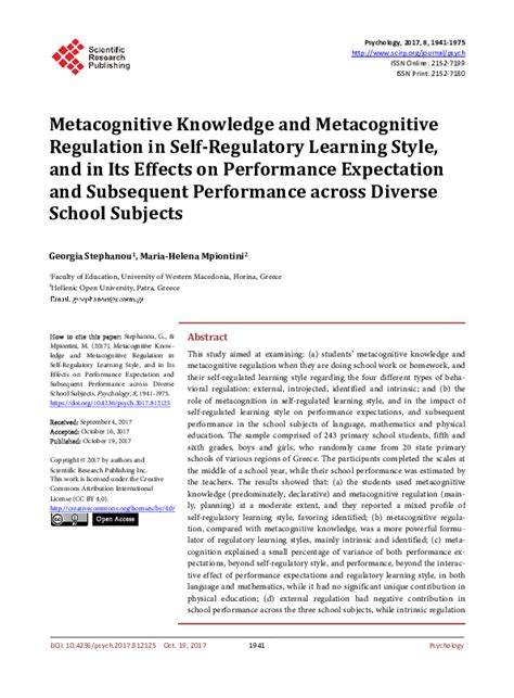 pdf metacognitive knowledge and metacognitive regulation in self regulatory learning style