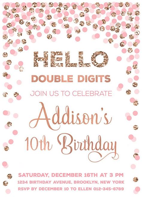 Double Digits Birthday Invitation Pink And Rose Gold 10th Etsy
