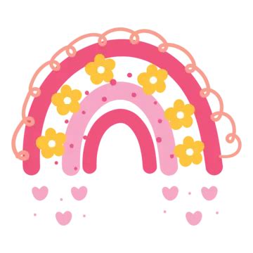 Hand Drawn Cartoon Boho Rainbow With Pink Color And Flowers Vector