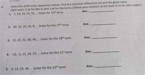 solved 1i given the arithmetic sequences below find the common difference d and the