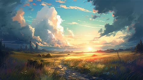 Fondo Pradera Sol Cielo Azul Nubes Hermoso Paisaje Natural Fondo Cielo