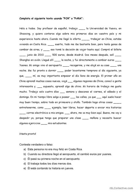 Por Y Para Pr Ctica General D Espa Ol Ele Hojas De Trabajo Pdf Doc