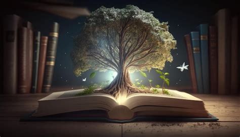 Um livro aberto uma árvore crescendo nele Foto Premium