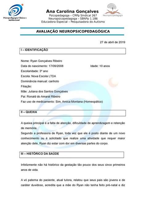 Relatório Psicológico Infantil Exemplo RETOEDU