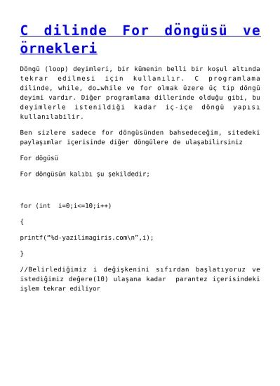 C Dilinde For D Ng S Ve Rnekleri