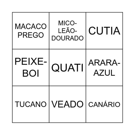 Bingo De Nomes De Animais Bingo Card