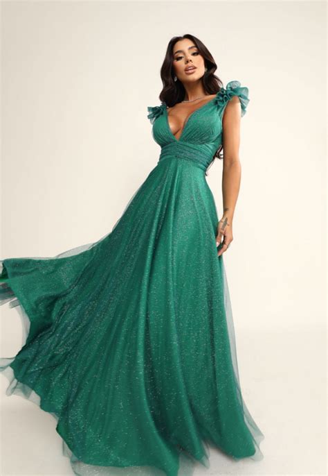 Vestido Longo De Festa Madrinhas Decote Em V Detalhes Nos Ombros
