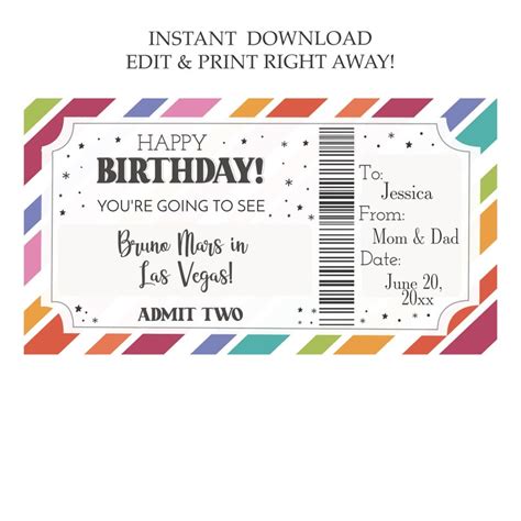 Printable Happy Birthday Concert Ticket Template Show Etsy