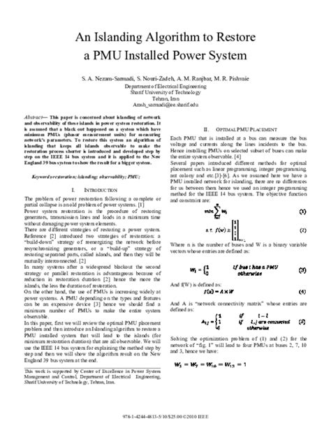 pdf an islanding algorithm to restore a pmu installed power system mahmoud reza pishvaie