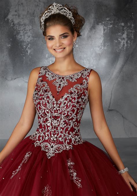 Embroidery and Beading on a Tulle Ball Gown Quinceañera Dress Style