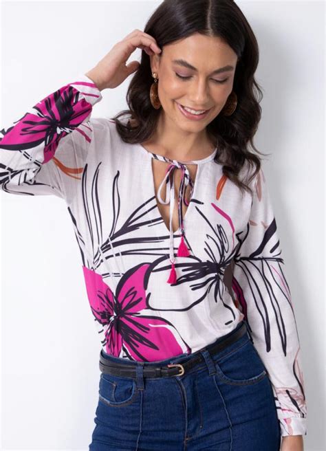 Blusa Floral Bege Amarração Quintess