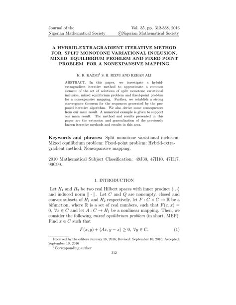 pdf a hybrid extragradient iterative method for split monotone variational inclusion mixed