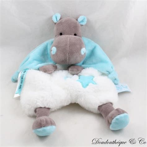 Doudou Plat Hippopotame Bazile BABY NAT Bleu Et Blanc BN0362 Hippo