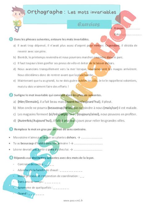 Les mots invariables Exercices d orthographe pour le cm1 PDF à imprimer