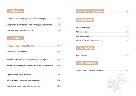 Menu Au LE MOULIN DE LOLIVERAIE Restaurant Blausasc 4 Rue De La Torre