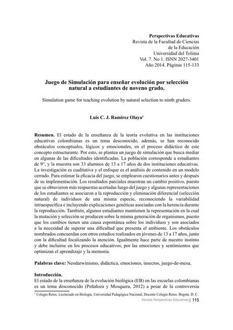 PDF Juego de Simulación para enseñar evolución por selección