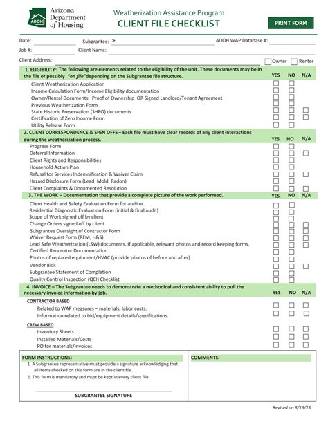 Arizona Client File Checklist Weatherization Assistance Program