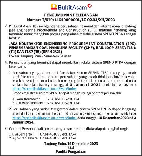 Pengumuman Pelelangan PT Bukit Asam Tbk