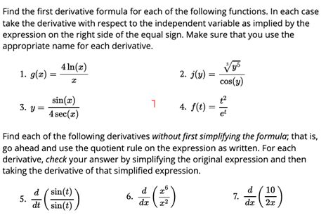 solved find the first derivative formula for each of the