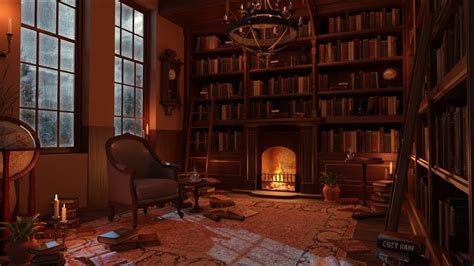 Cozy Reading Library Ambience Rain Sounds Thunderstrom Crackling