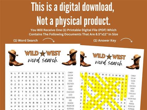 Wild West Word Search Puzzle Challenging Cowboy Old West Themed