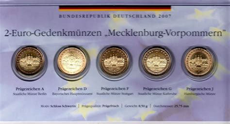 Deutschland 5 x 2 Euro 2007 A J 2 Euro Gedenkmünzen Satz Mecklenburg