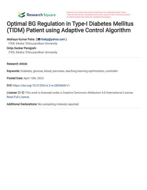pdf optimal bg regulation in type i diabetes mellitus tidm patient using adaptive control