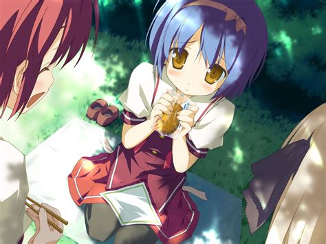 Female Anime Character Sitting On White Mat Holding Baked Bread In