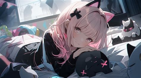 Chica De Anime Acostada En La Cama Con Gato Y Gatitos En El Fondo