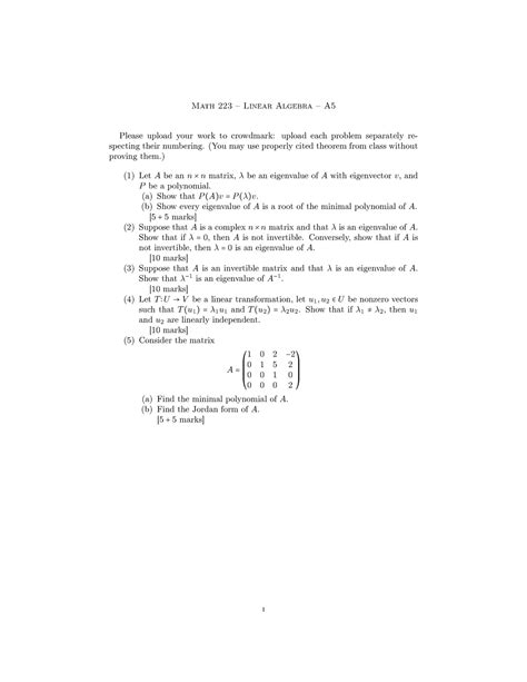 math223 a5 assignment 5 math 223 linear algebra a please upload your work to crowdmark