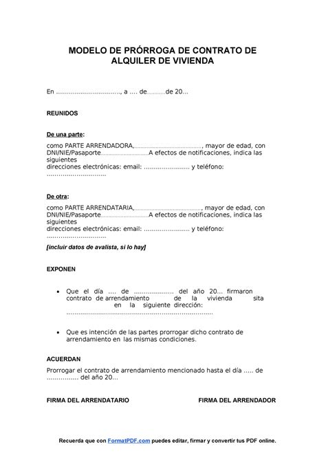 Modelo prorroga contrato alquiler formatpdf MODELO DE PRÓRROGA DE