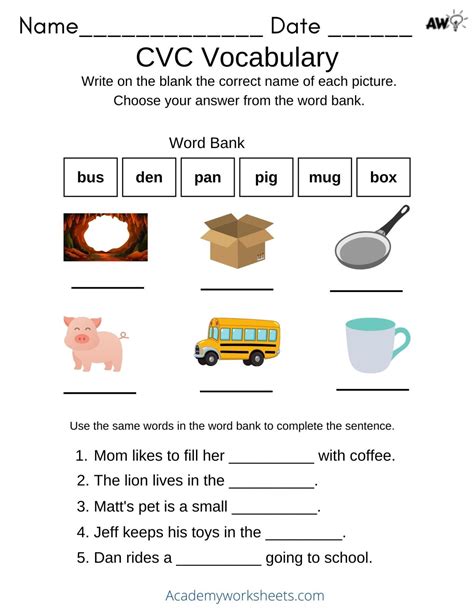 Short Vowel Words CVC Worksheets PDF Academy Worksheets