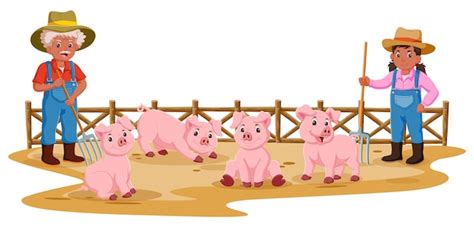 Karikatur glücklicher bauern und schweine auf dem bauernhof Premium