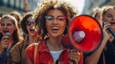Manifestantes Mujeres Que Usan Altavoces Para Manifestarse Contra El