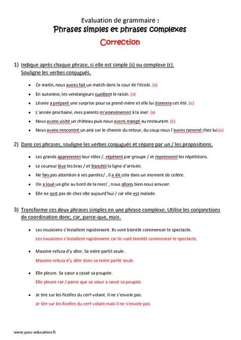 Phrase simple Phrase complexe Cm1 Bilan à imprimer Pass Education