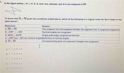 3 in the figure below ∠ h≌ ∠ f e g and i are collinear and g is the midpoint of overl