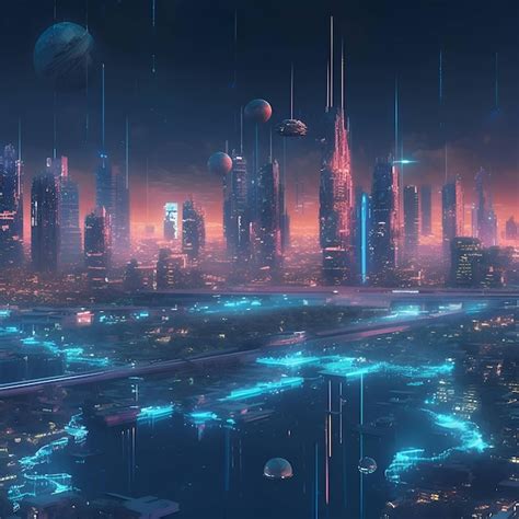 Premium AI Image Futuristic City At Night With Neon Lights And Planet