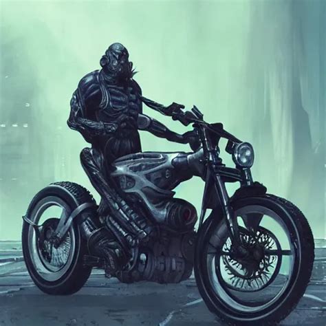 A Sci Fi Biker Fused With His Bike Art By Hr Giger Stable Diffusion