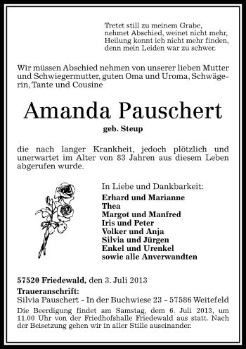 Traueranzeigen Von Amanda Pauschert Rz Trauer De