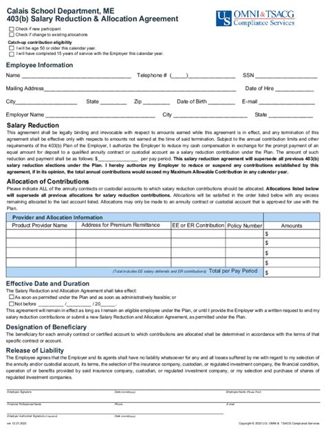 Fillable Online Salary Reduction Agreement For The Pleasant Hill 403 B