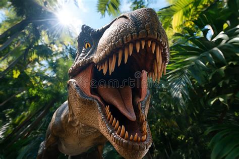 Fierce T Rex In Dense Jungle Mouth Open Showing Sharp Teeth Under