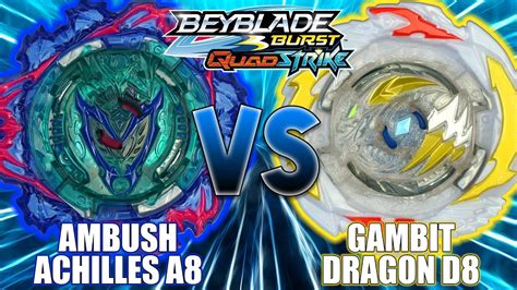 Beyblade Burst QuadStrike Battle Ambush Achilles A8 VS Gambit Dragon