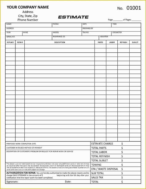 Printable Auto Repair Estimate Template