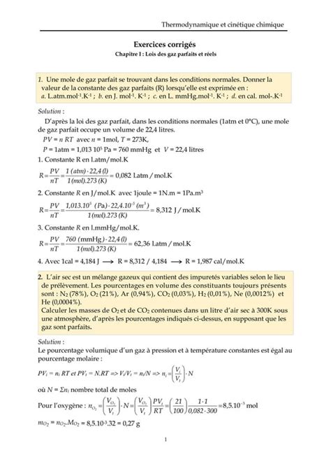 Exercices corrigés chap1 Lois des gaz parfaits et réels PDF