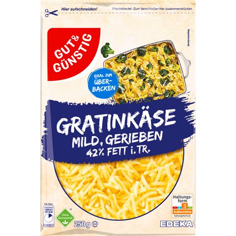 GUT GÜNSTIG Gratinkäse mild gerieben 42 Fett i Tr 250 g Hart und